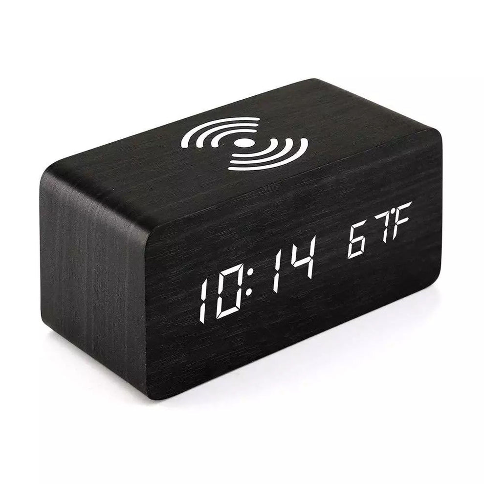 STC Wooden Led Clock Wireless Charging, Time & Temperature Display, 3 ...