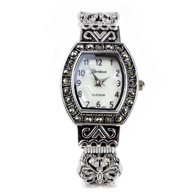 Silver Black Vintage Style Marcasite Rectangle Face Bangle Cuff Watch ...